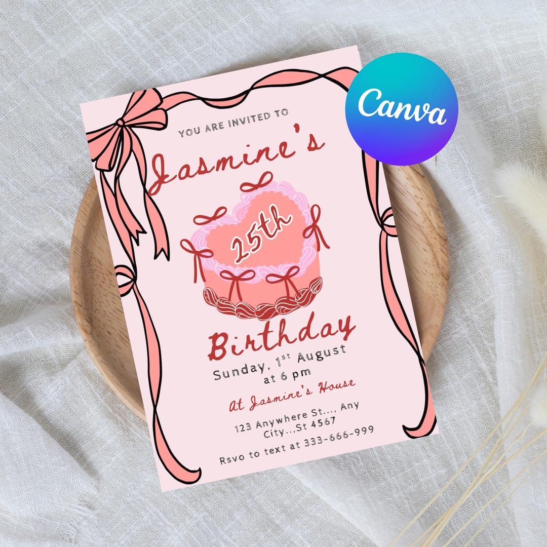25th Birthday Invitation, Whimsical Twenty Five Birthday Invite, Red ...