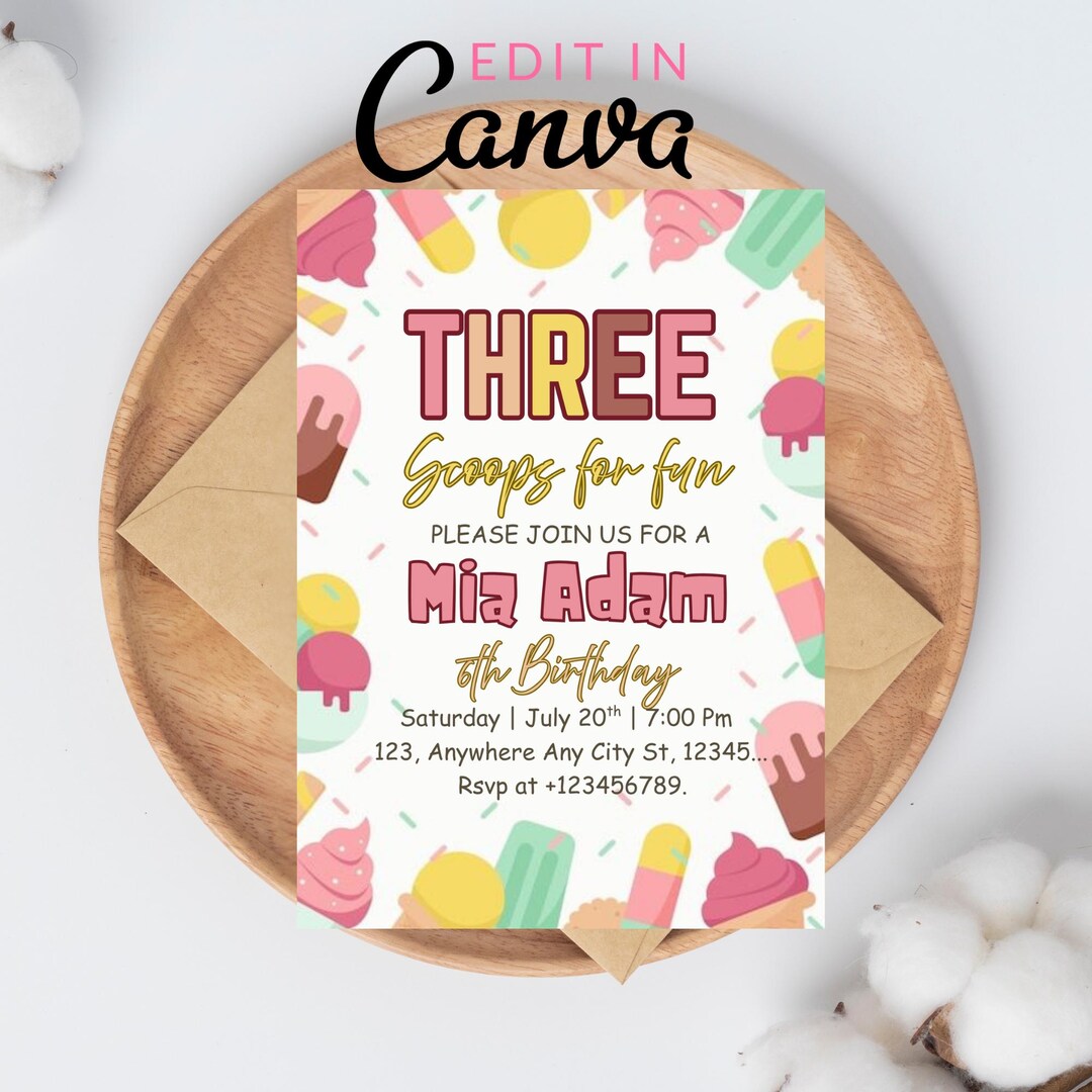Editable Ice Cream Birthday Invitation Three Scoops of Fun 3rd Birthday ...
