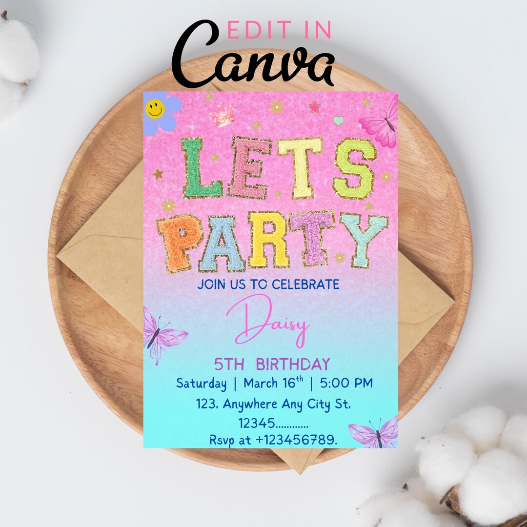 Varsity Patch Letter Birthday Invitation, Lets Party Birthday Invite ...
