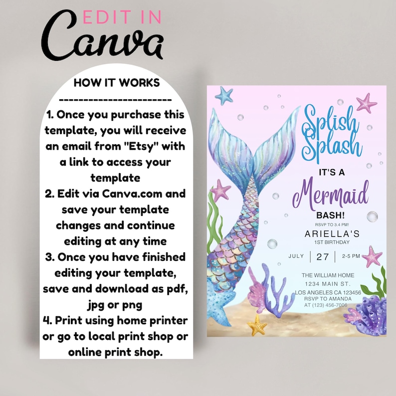 Editable Mermaid Tail Birthday Invitation Girl, Mermaid Bash Under the ...