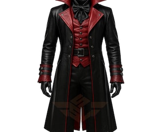 Gothic Vampire Leather Trench Coat: Black & Red Steampunk Cosplay - Etsy