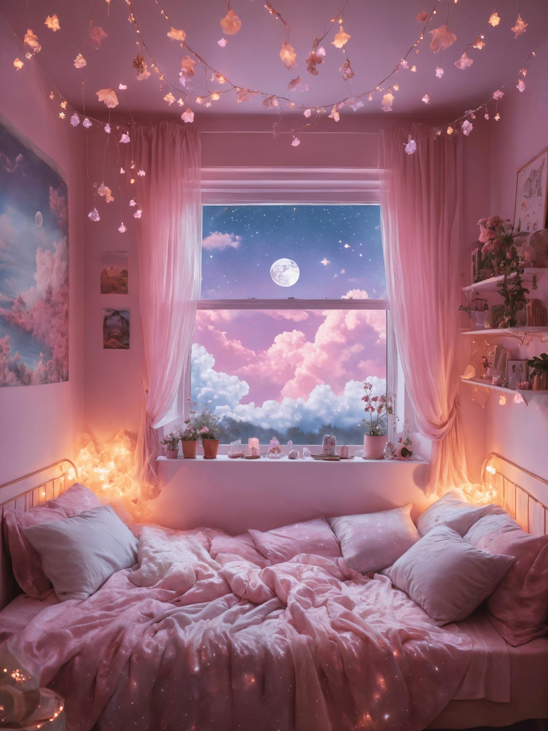 Pink Dreamcore Bedroom Wall Art – Moon and Cloud Digital Print, Cozy ...