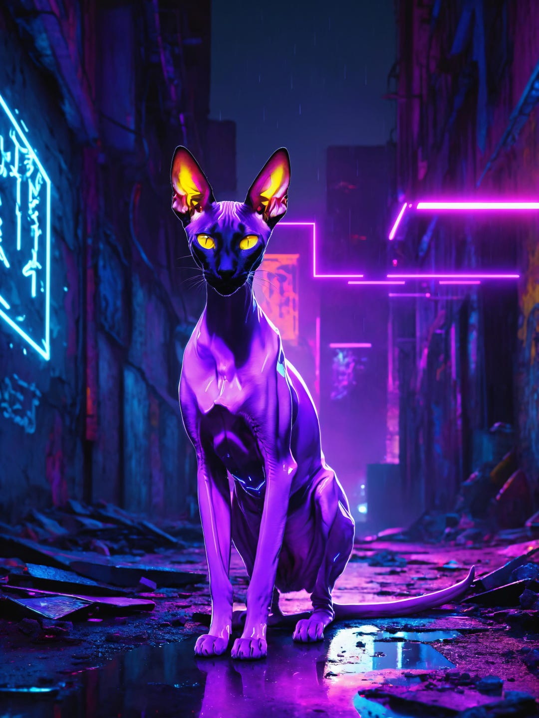 Cyberpunk Sphynx Cat Wall Art – Neon Alley Sci-fi Wallpaper in ...
