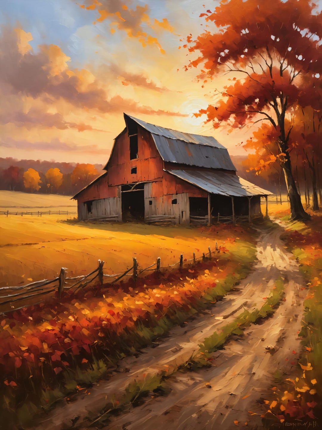Autumn Barn Landscape Digital Print – Rustic Fall Country Road Wall Art ...