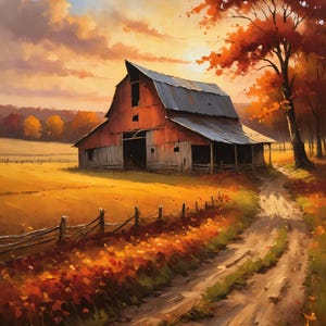 Autumn Barn Landscape Digital Print – Rustic Fall Country Road Wall Art ...