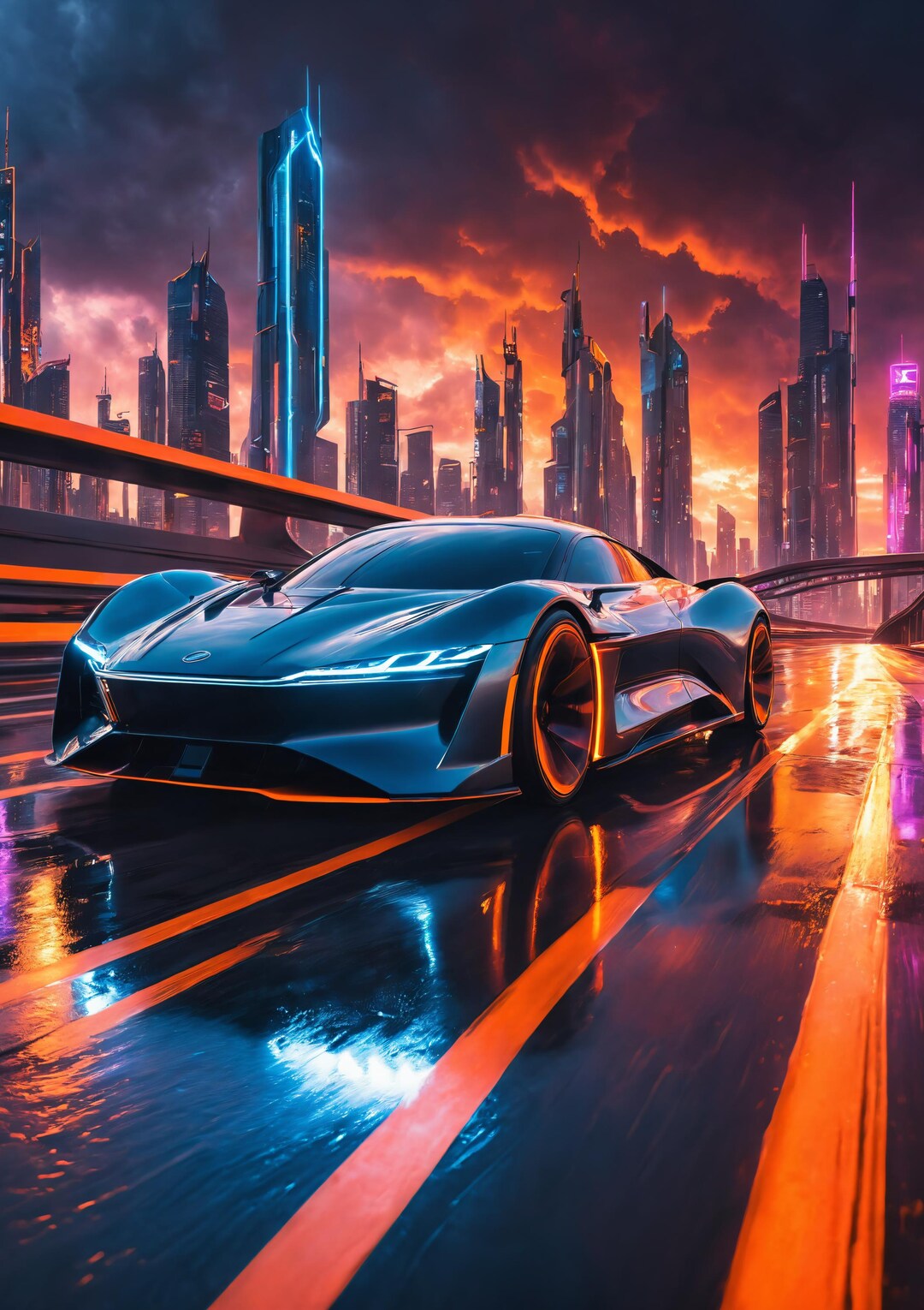 Futuristic Cyberpunk Supercar Wall Art – Neon Sunset City Overpass ...