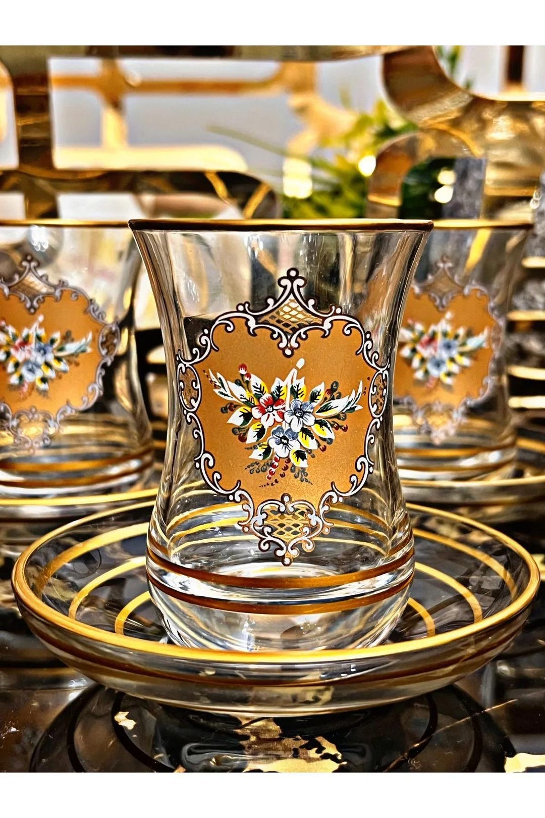 Gold Gilded Turkish Tea Glass Set: Bouquet Pattern, 6 Cups & Saucers - Etsy