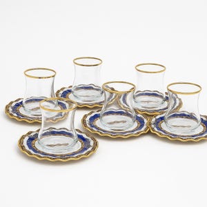Turkish Tea Glass Set: Gold Rim, Blue Jewel Saucers, Ottoman Style - Etsy