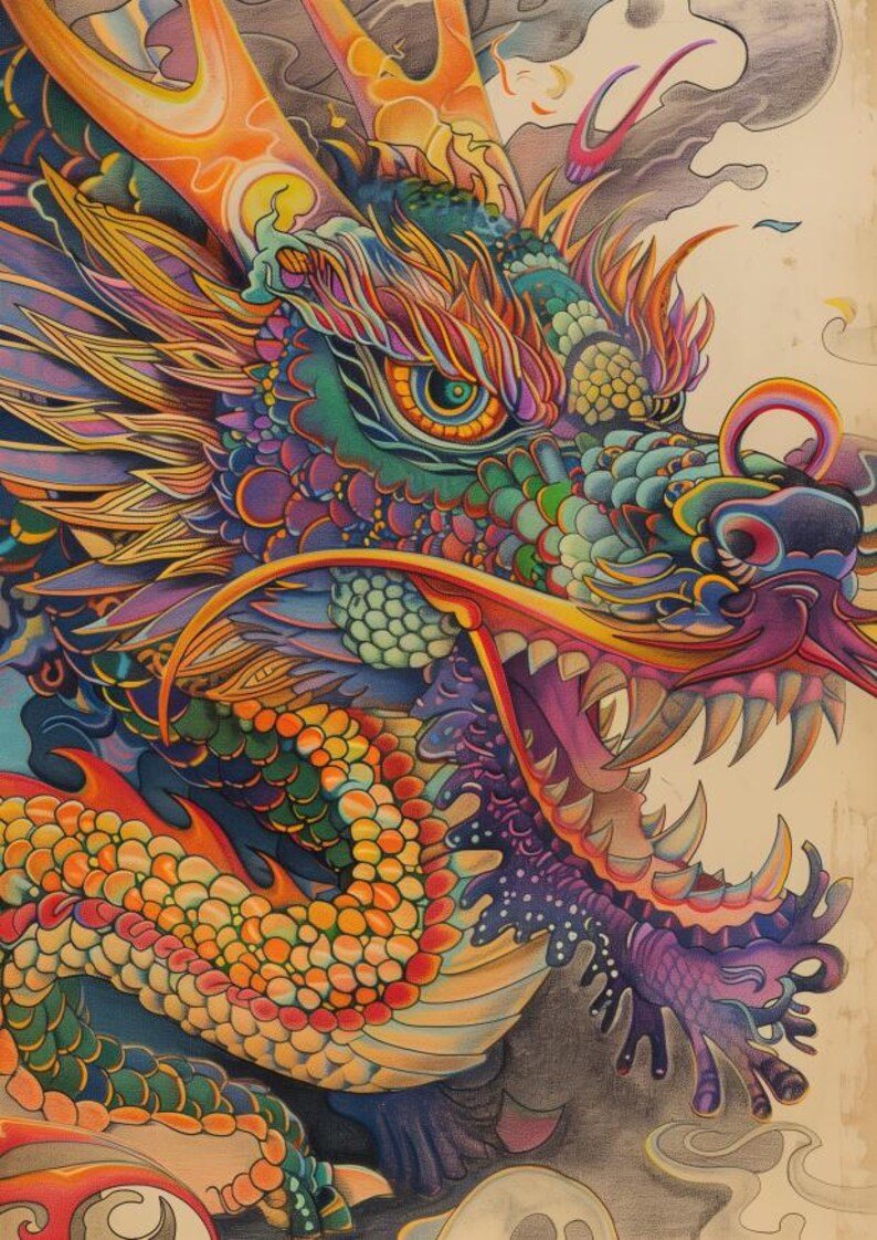 1970's Style Colorful Dragon (canvas Print) - Etsy