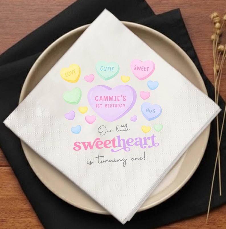 Sweetheart 1st Birthday Napkins, Our Little Sweetheart is One Baby ...