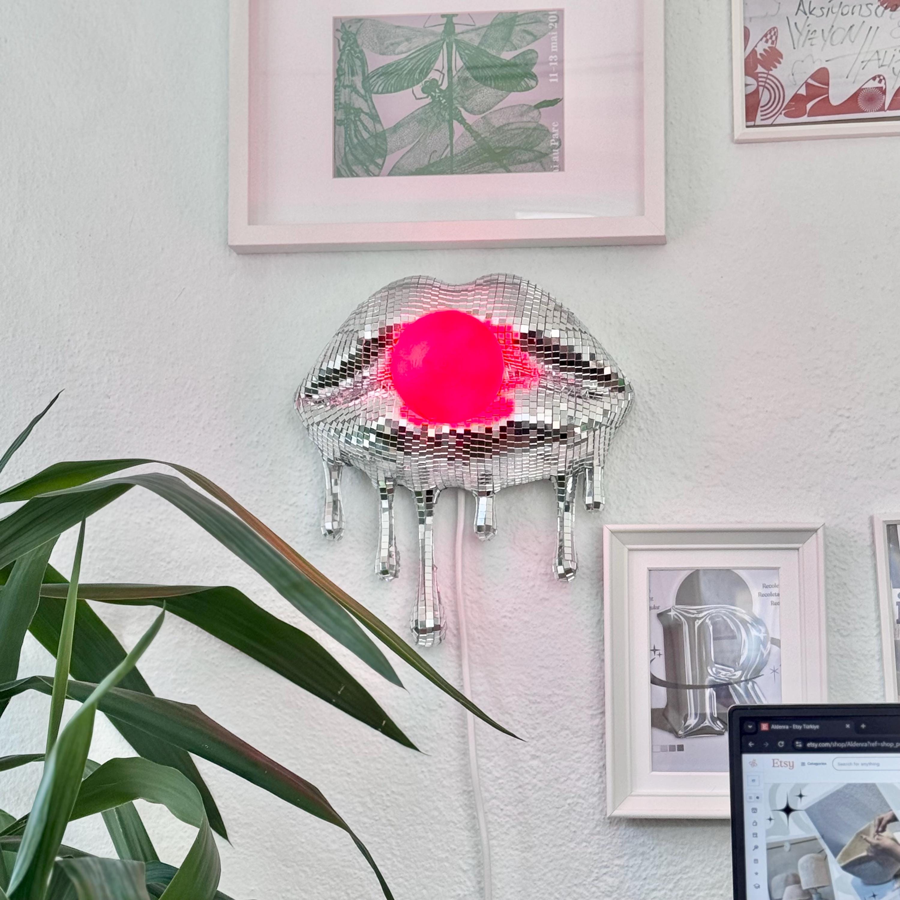 Disco Ball Dripping Lips Wall Lamp – Mirror Mosaic Pop Art Plug-in Wall ...