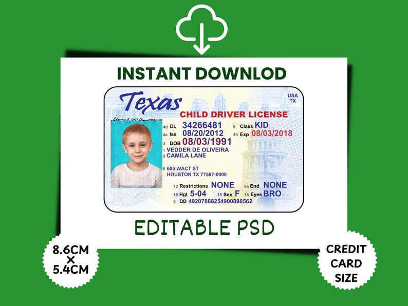 Pretend Play Usa Driver License for Kids, Texas Driving Licence ...