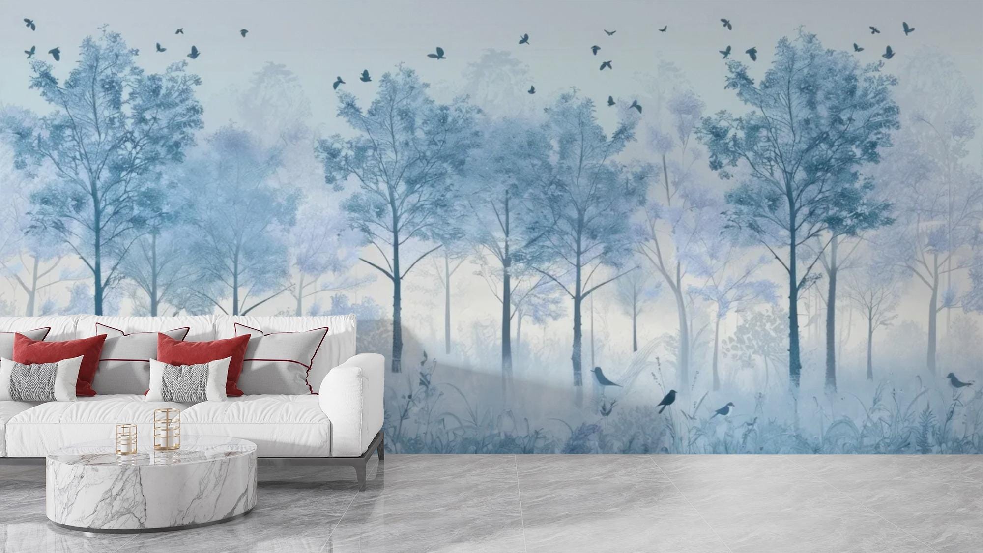 Forest Wall Mural | Watercolor Blue Trees Wallpaper | Foggy Landscape ...