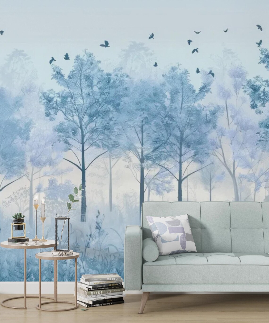 Forest Wall Mural | Watercolor Blue Trees Wallpaper | Foggy Landscape ...