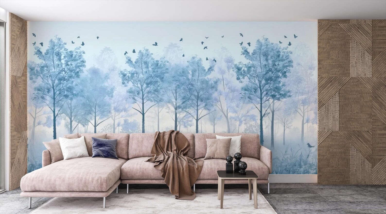 Forest Wall Mural | Watercolor Blue Trees Wallpaper | Foggy Landscape ...