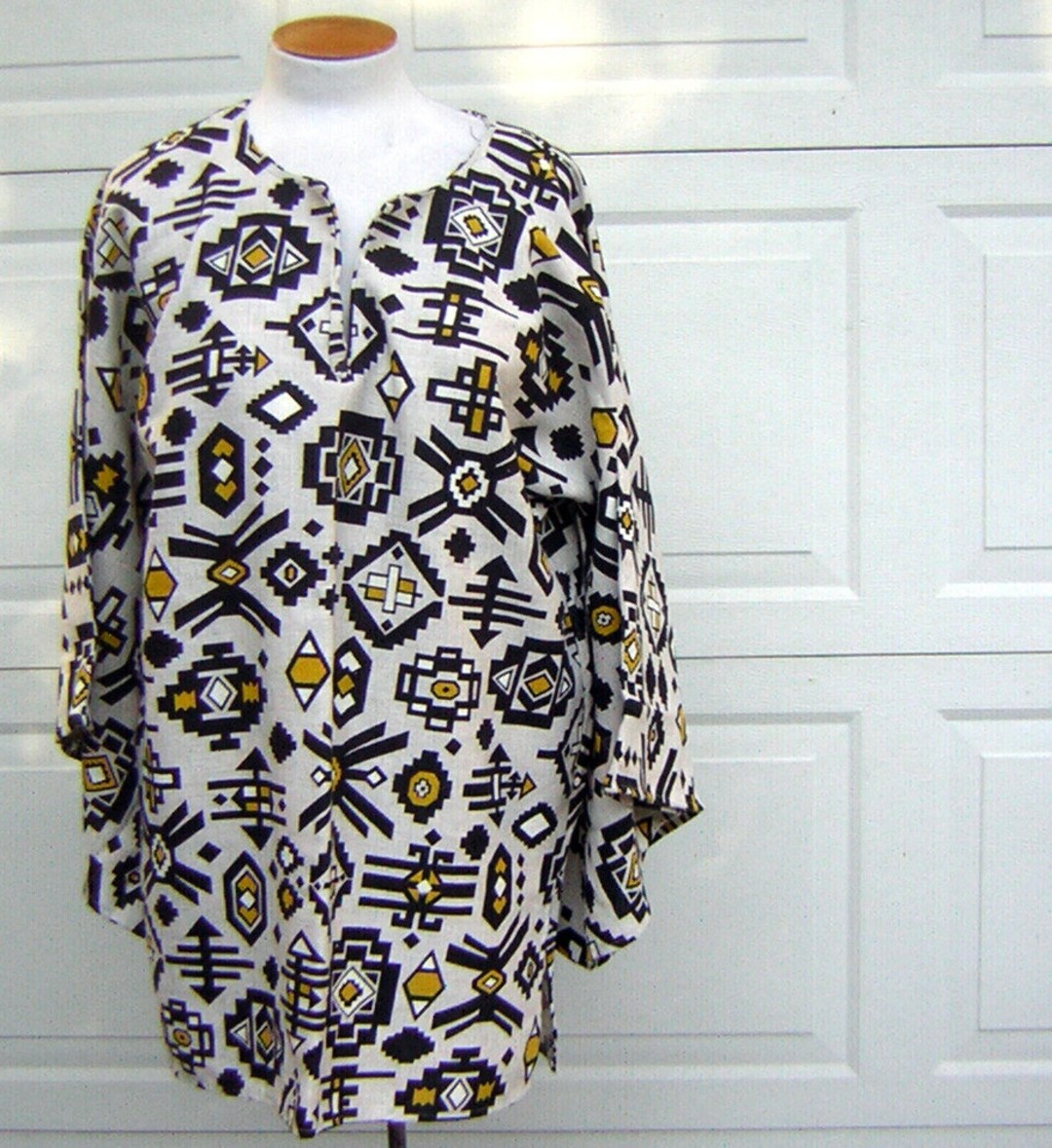 Vintage 70s Linen Tunic Top – Ethnic Aztec Print, Bell Sleeves - Etsy