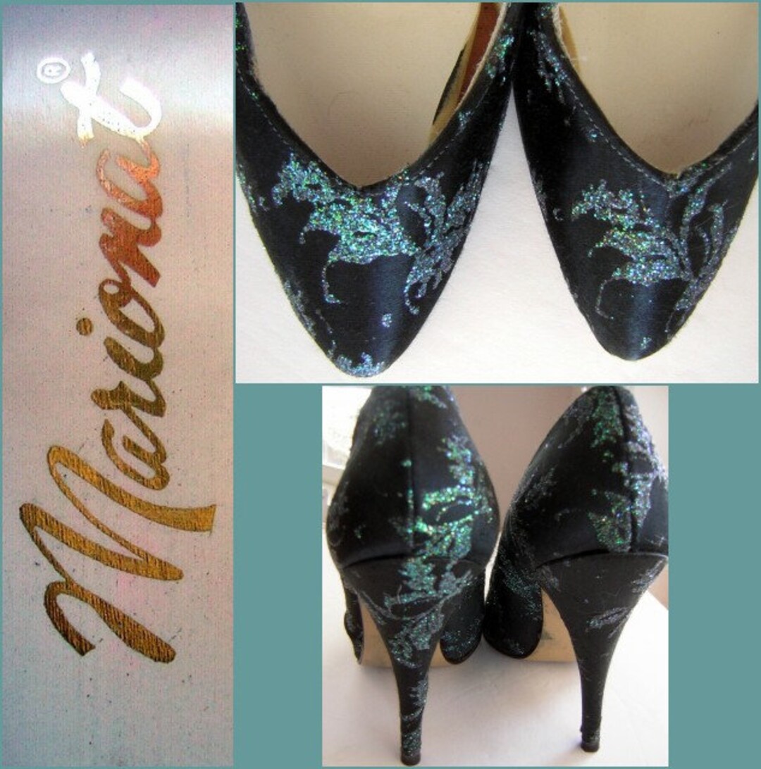 Vintage Black Satin Glitter Heels Sexy 70s Spike Heel Pumps - Etsy