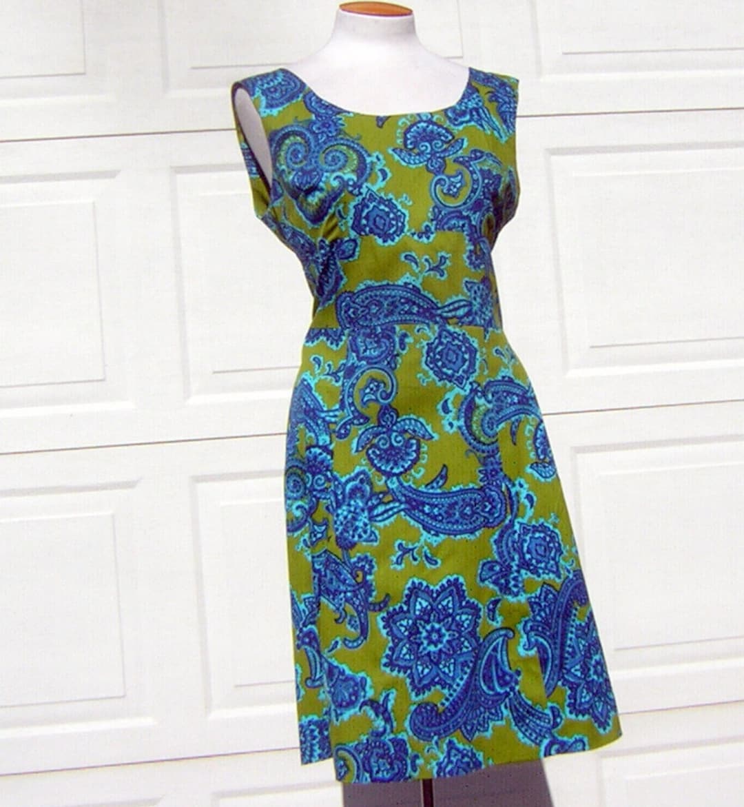 Vintage 70s Barkcloth Dress, Avocado Turquoise Paisley Print, Bust 40 ...