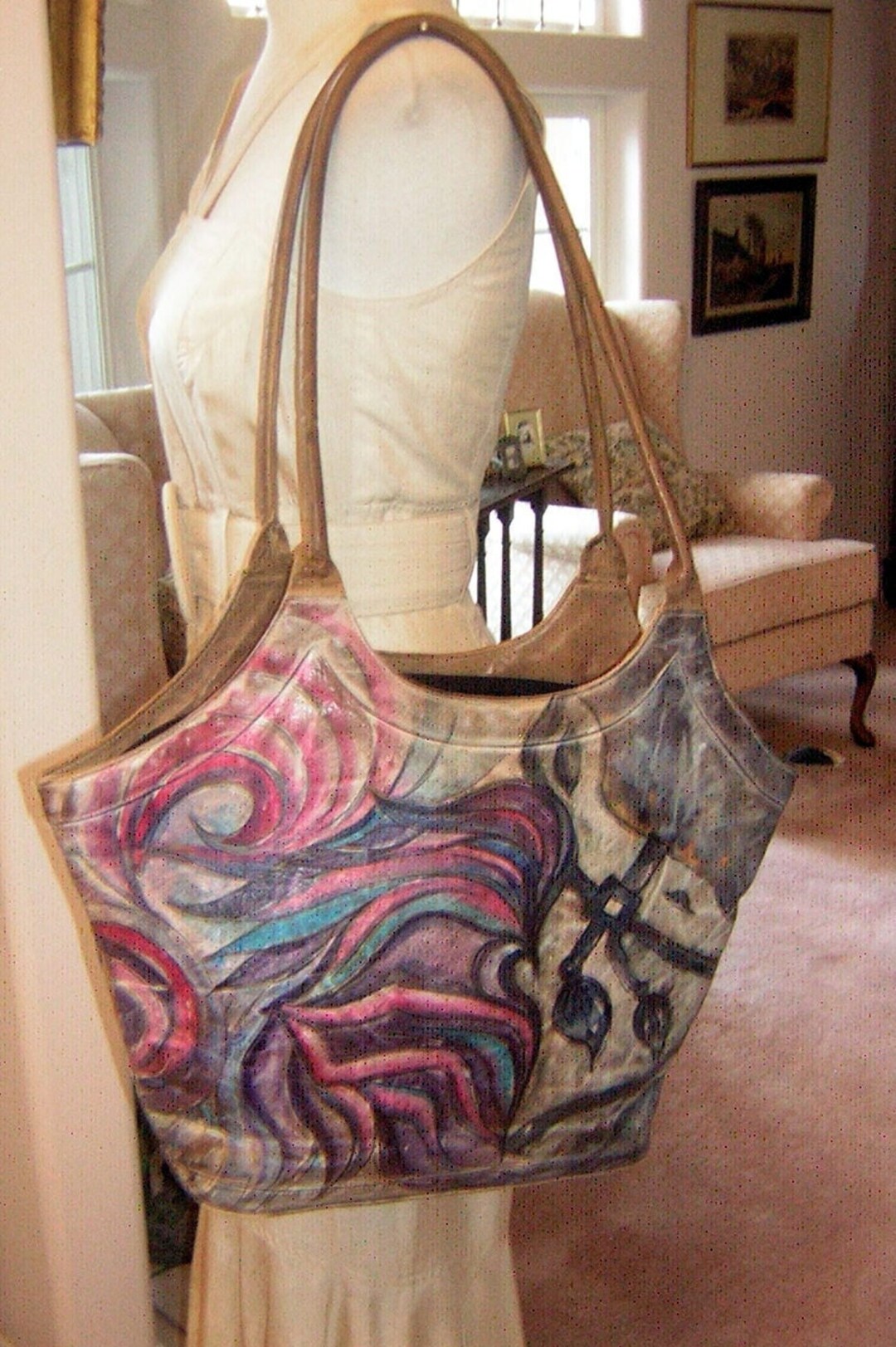 Vintage LARGE Leather Hand Painted Shoulder Tote Bag / Purse - Etsy