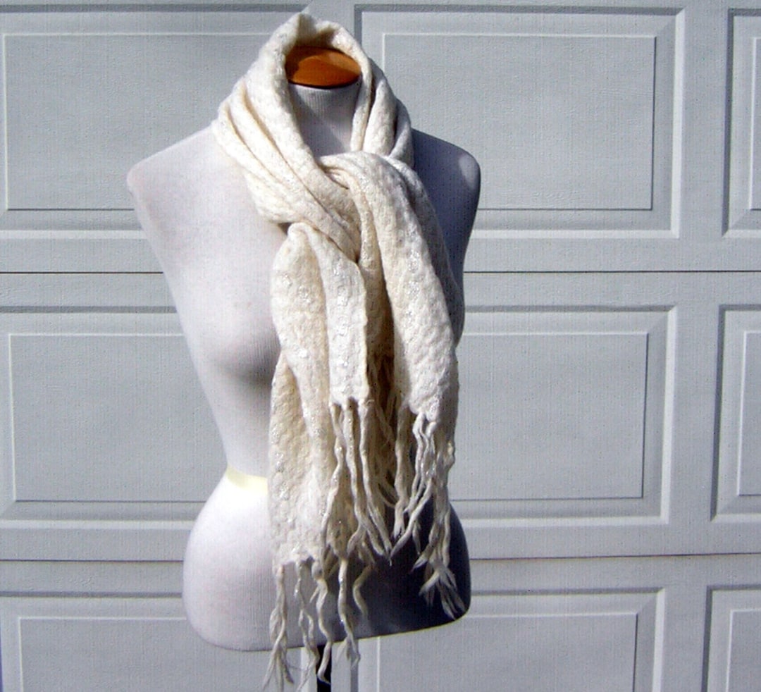 Vintage 50s Cream Wool Mohair Scarf – Silver Tinsel Fringe - Etsy