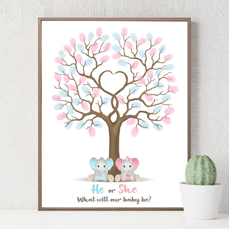 Elephant Gender Reveal Tree Fingerprint Guest Book He or She Blue Pink ...