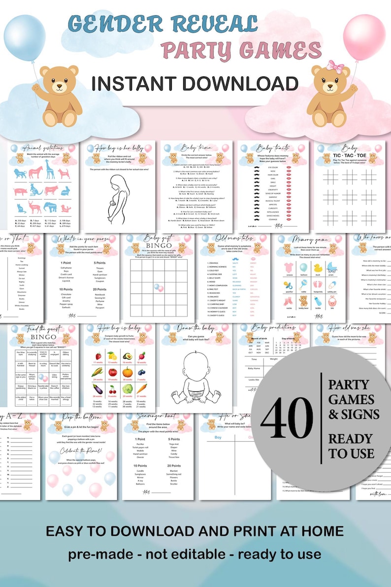 Gender Reveal Games Bundle With Baby Teddy Bears and Blue Pink Balloons ...