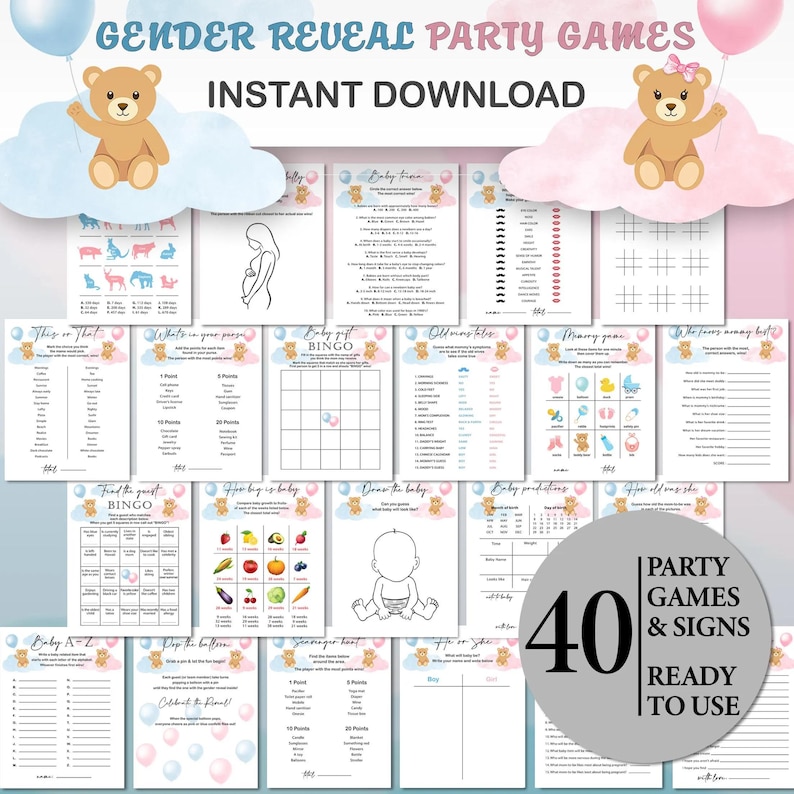 Gender Reveal Games Bundle With Baby Teddy Bears and Blue Pink Balloons ...