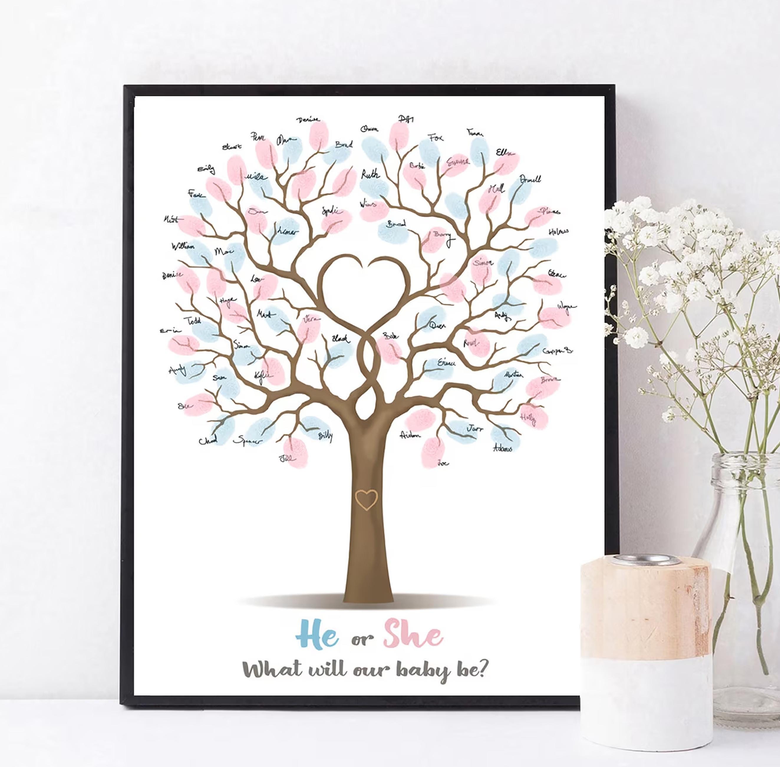Gender Reveal Tree Fingerprint Guest Book PRINT, He or She Baby Shower ...