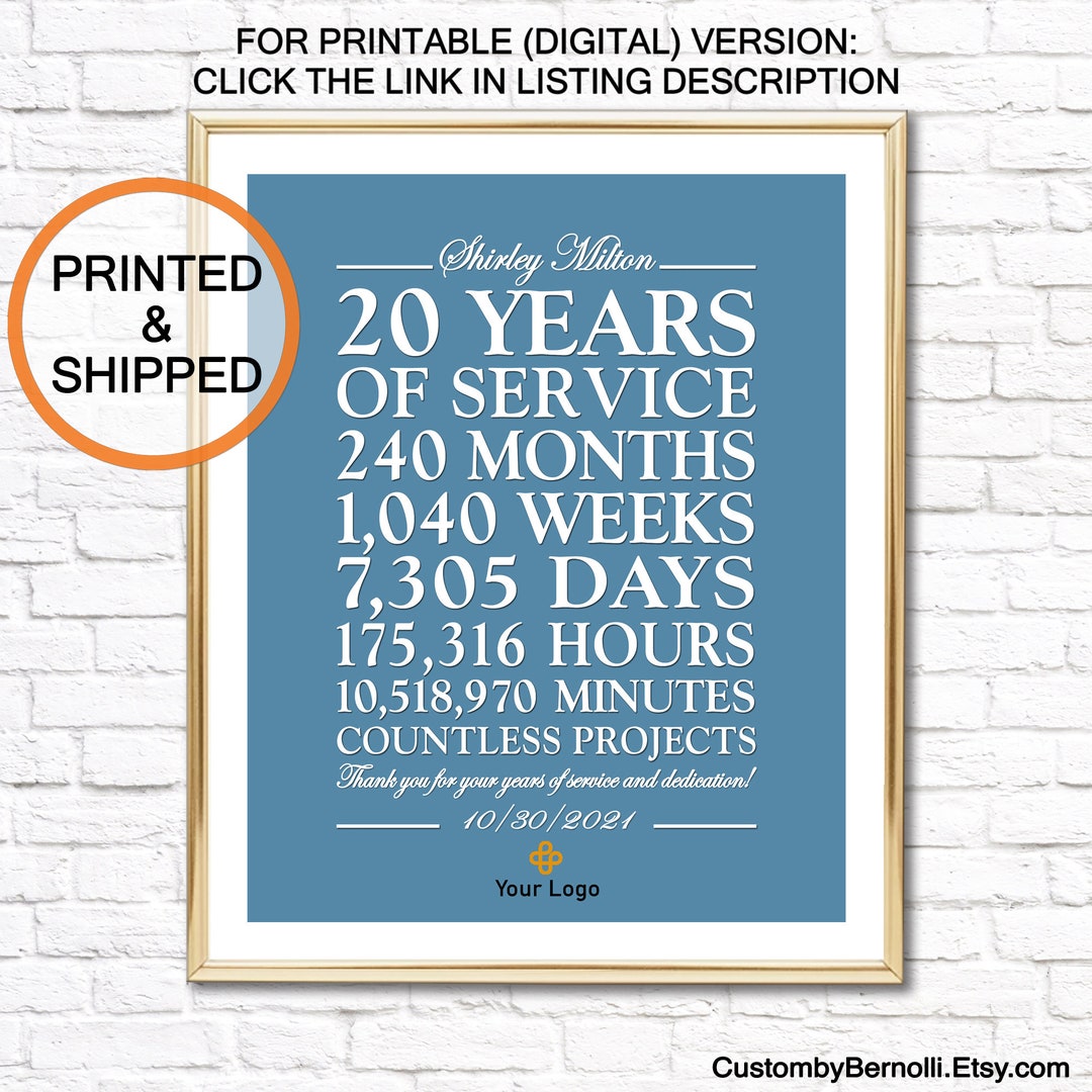 Personalized 20 Year Work Anniversary PRINT 20 Years of Service, Thank ...