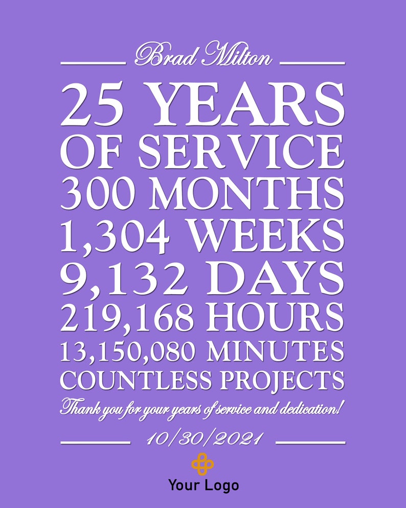 Personalized 25 Year Work Anniversary PRINT 25 Years of - Etsy