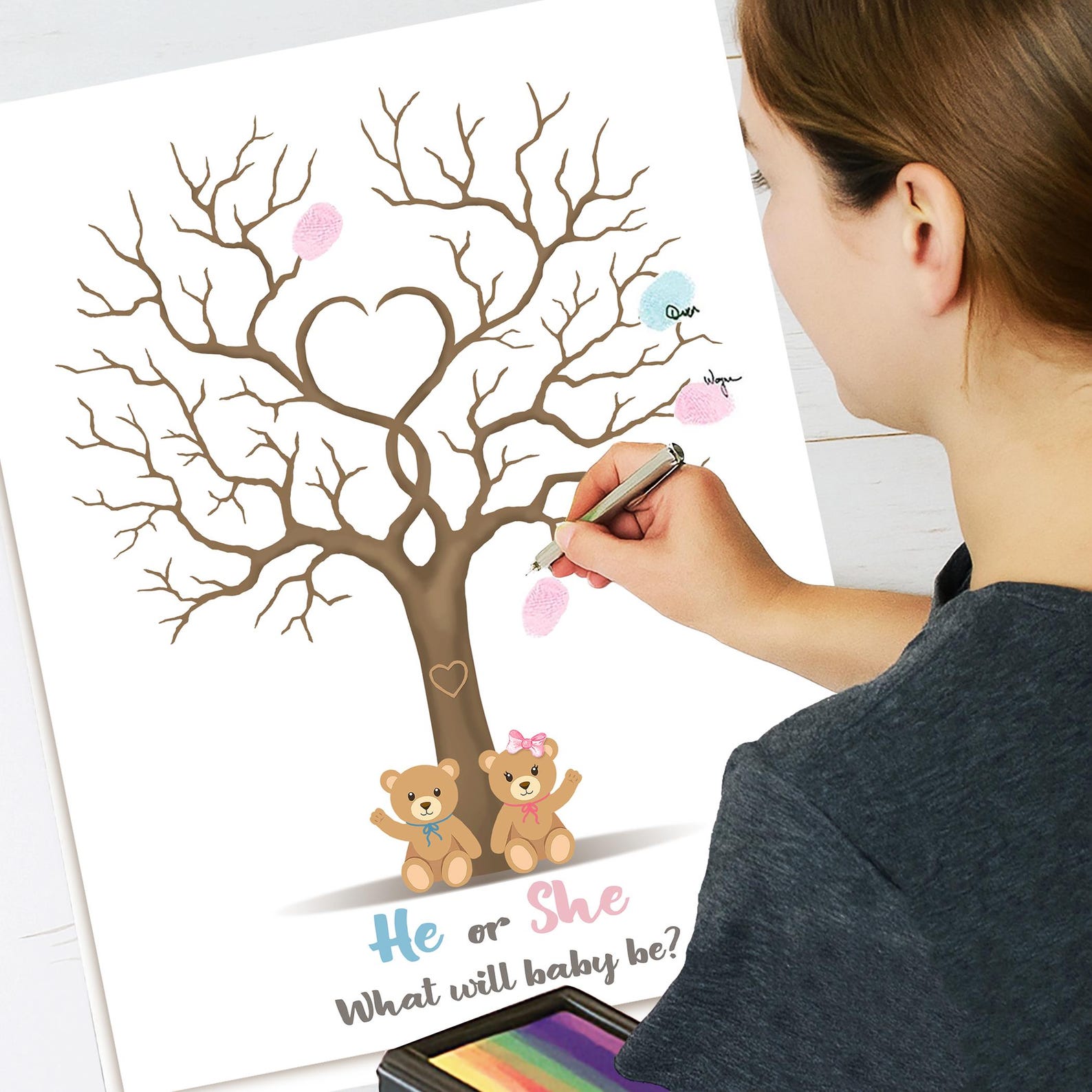 Teddy Bear Gender Reveal Tree PRINT Fingerprint Guest Book, Blue or ...