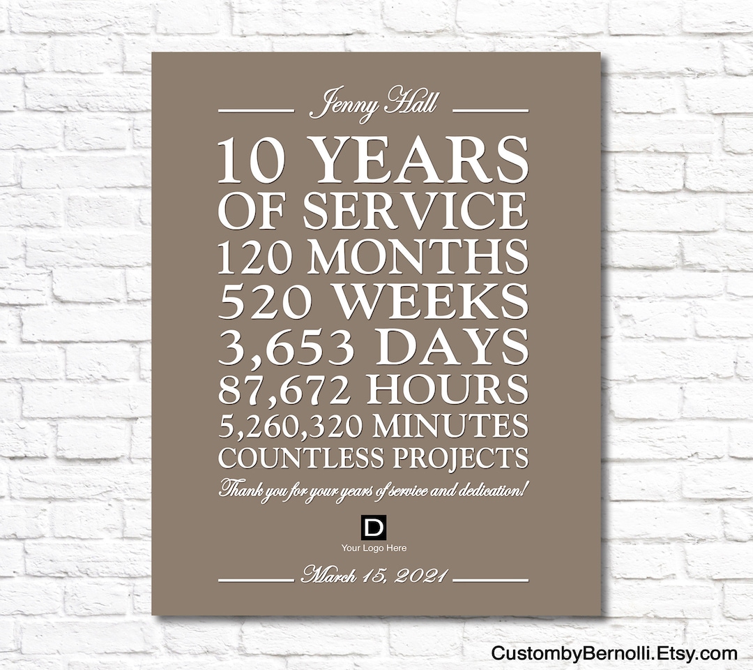 Personalized 10 Year Work Anniversary Print, Custom 10 Years of Service or Any Year Worker Thank ...