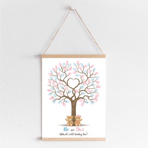 Teddy Bear Gender Reveal Tree Fingerprint Guest Book Blue Pink He She ...