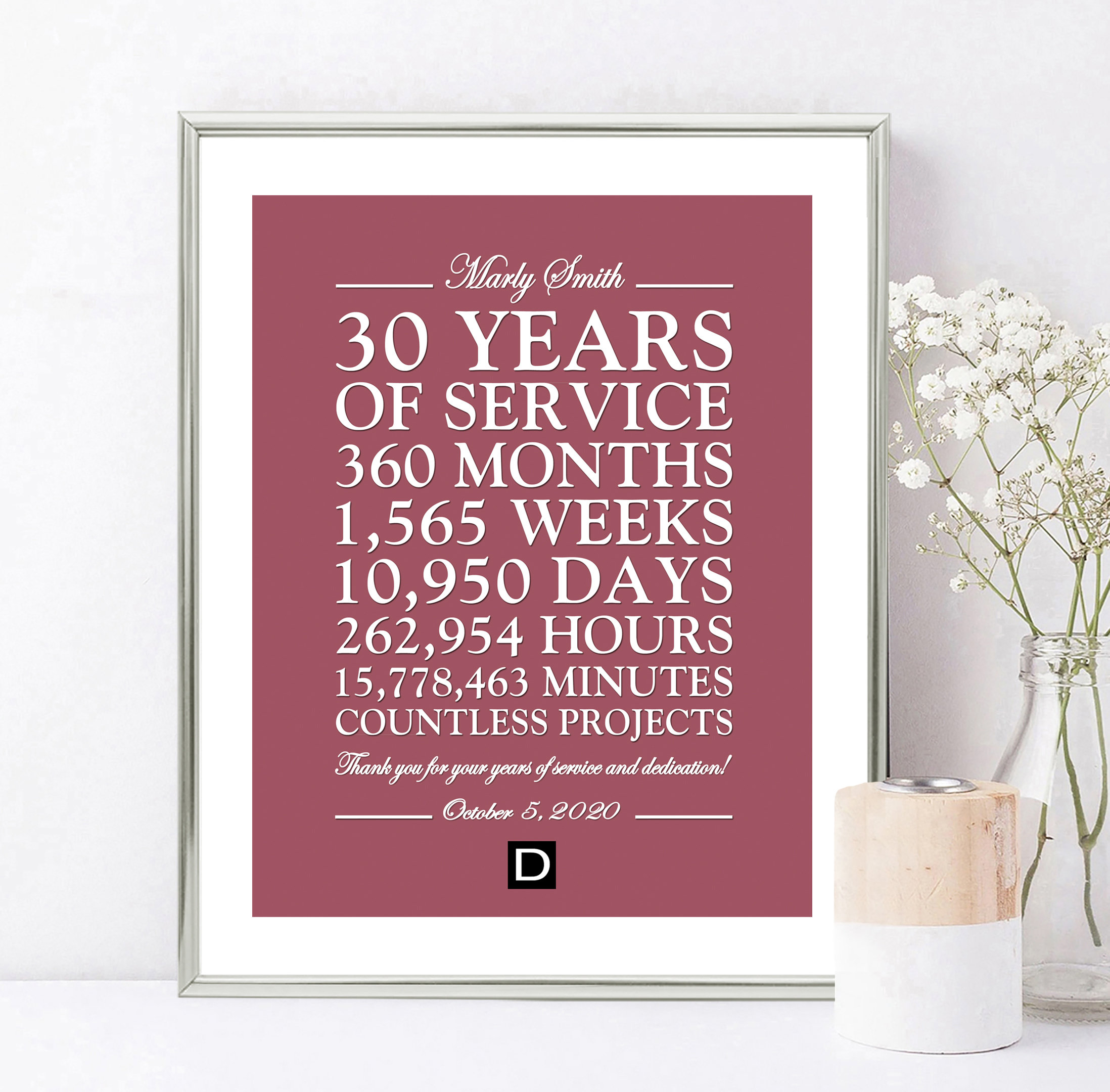 Personalized 10 Year Work Anniversary Print, Custom 10 Years of Service ...