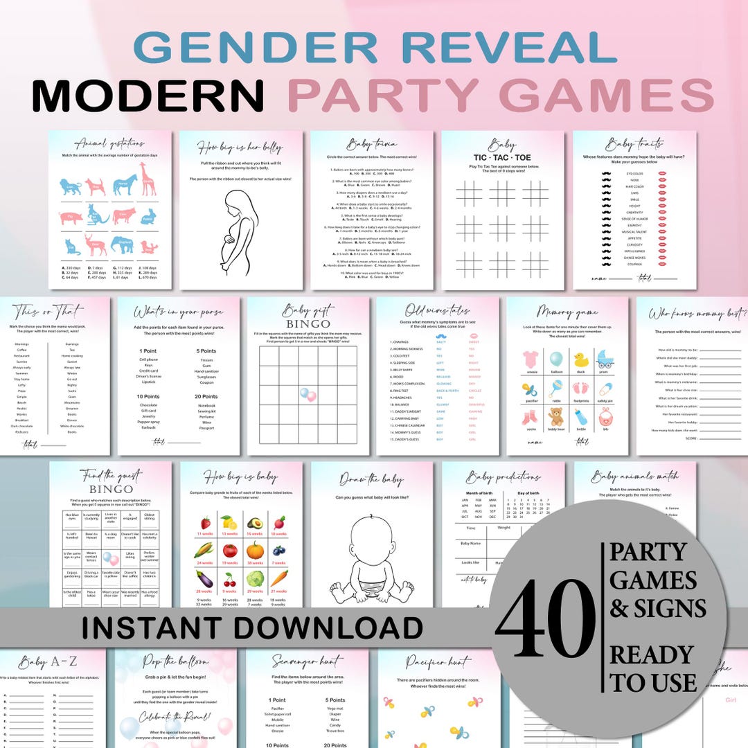 Modern Gender Reveal Games Bundle Blue and Pink Minimalistic Baby ...