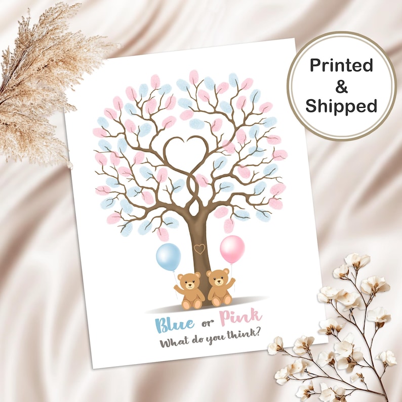 Gender Reveal Tree Teddy Bear Fingerprint Guest Book PRINT Blue or Pink ...