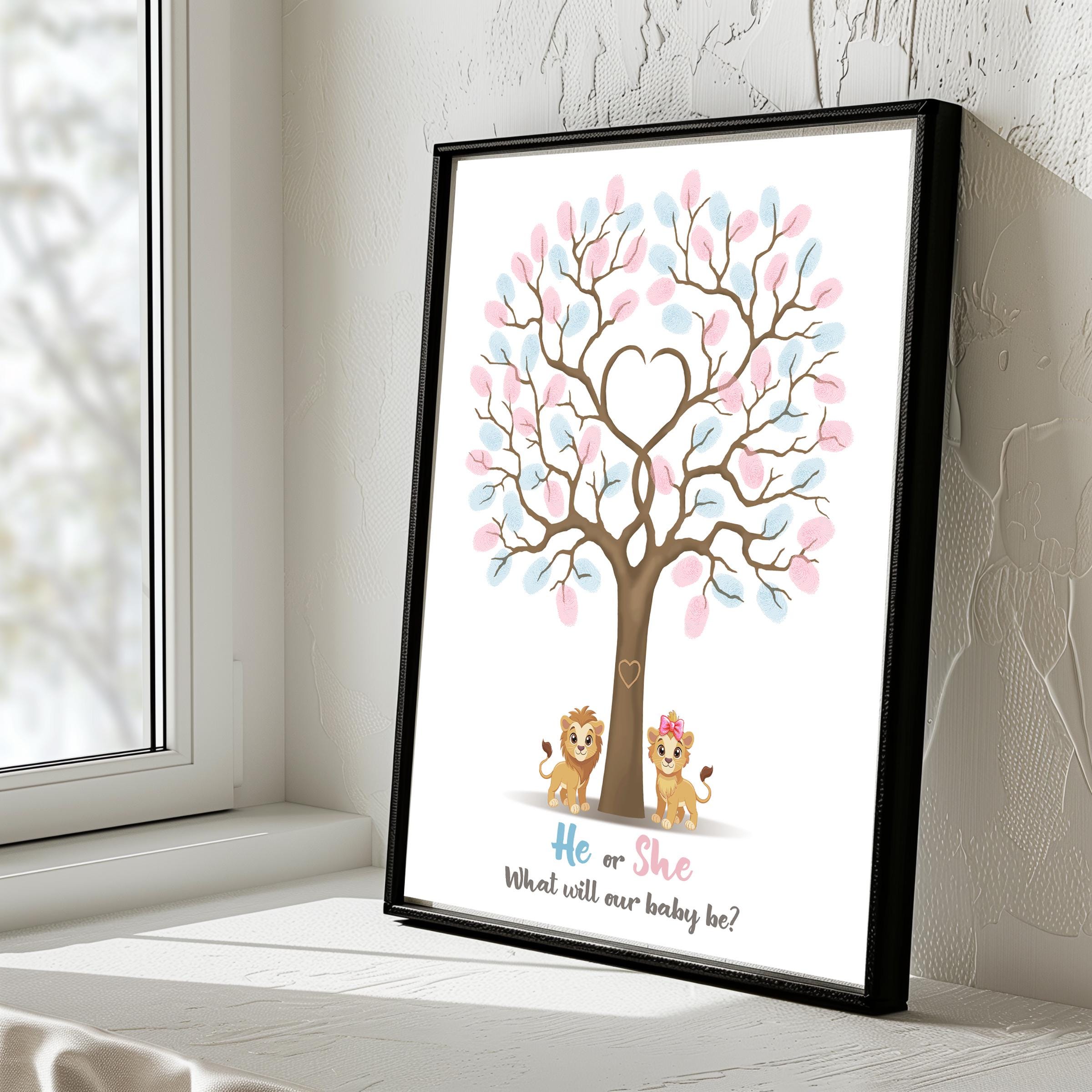 Lion Gender Reveal Fingerprint Guest Book PRINT, Blue or Pink He or She ...