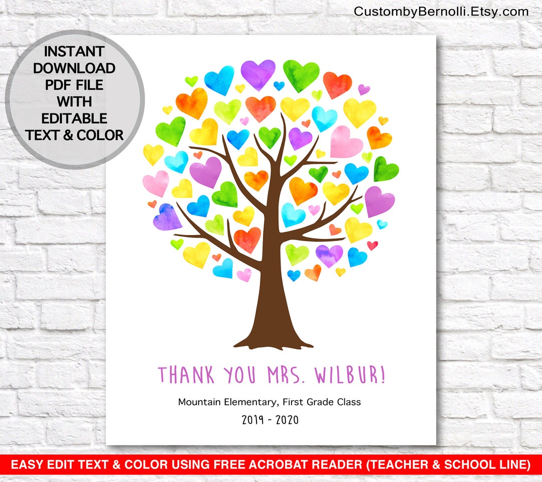 INSTANT DOWNLOAD Teacher Appreciation Gift, Rainbow Heart Tree ...