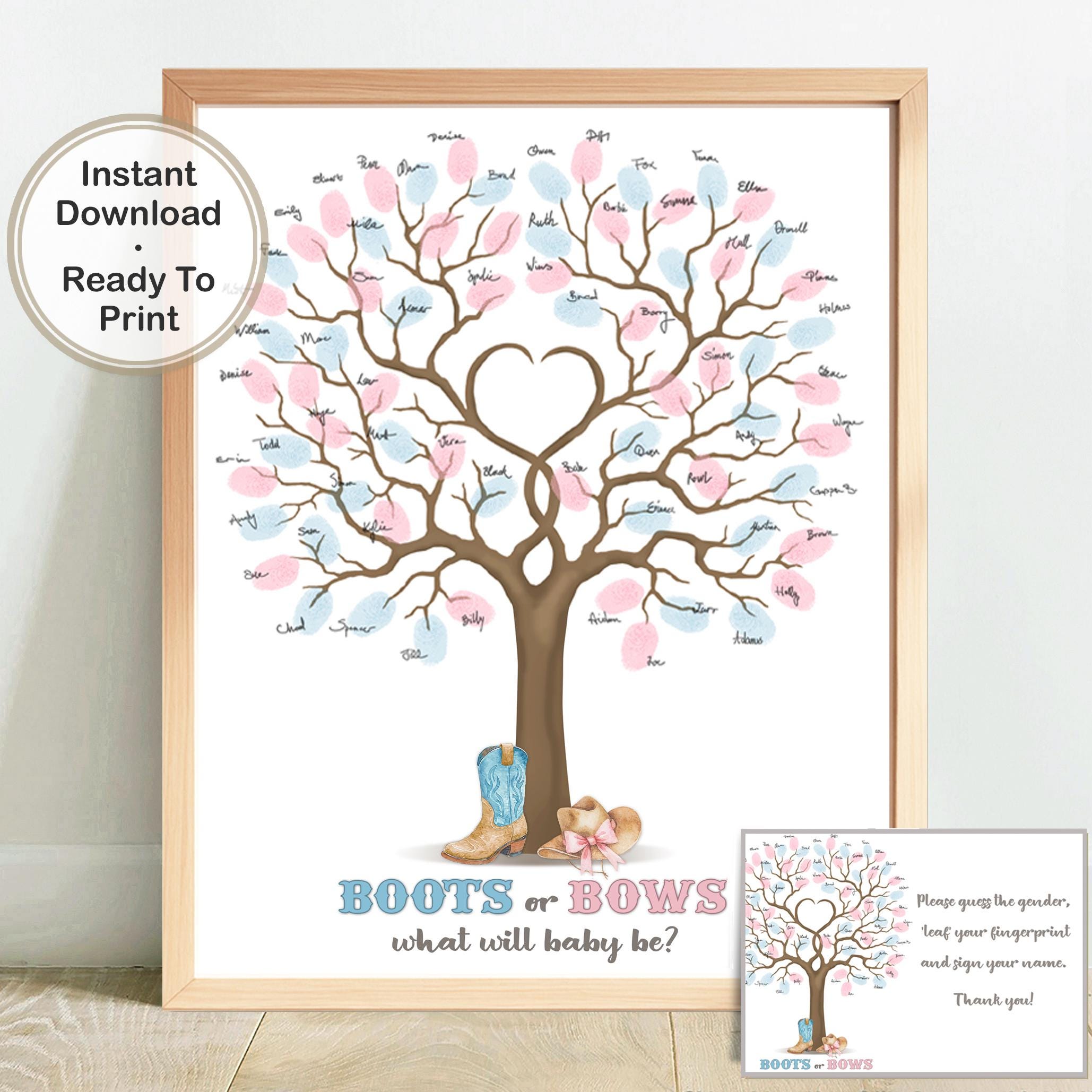 Boots or Bows Gender Reveal Tree Western Blue Pink Fingerprint Guest ...