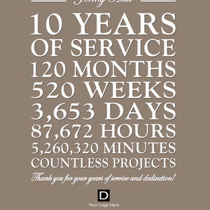 Personalized 10 Year Work Anniversary Print Custom 10 Years - Etsy