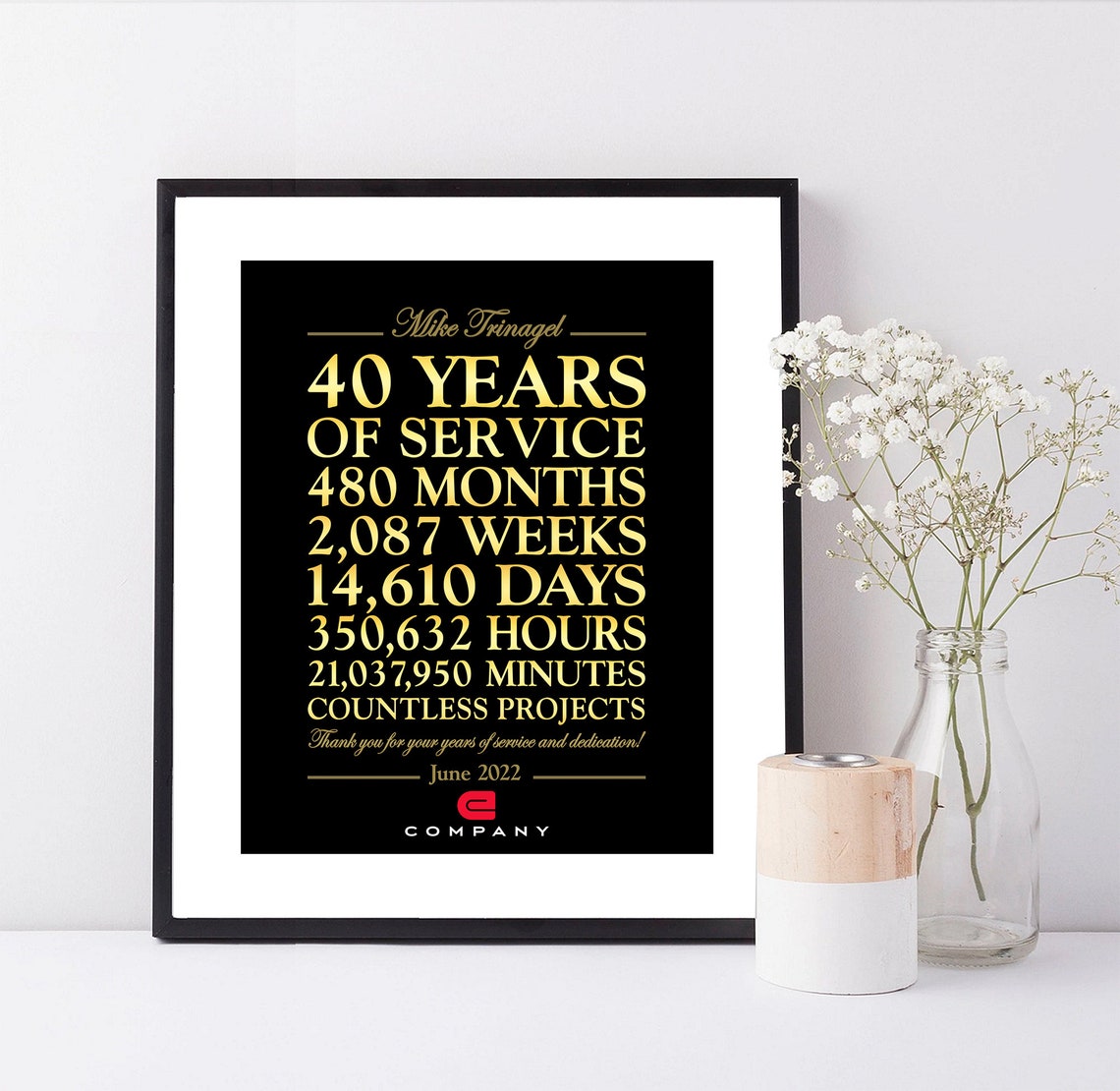 Personalized Work Anniversary Gift 40 Years or ANY YEAR | Etsy