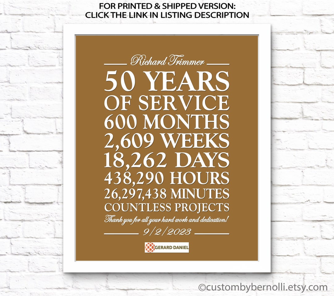 50 Year Work Anniversary Gift, Personalized 50 Years of Service ...