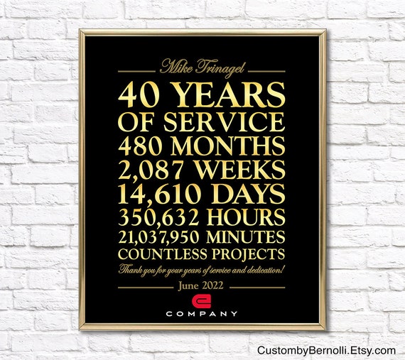 Personalized 40 Year Work Anniversary PRINT 40 Years Of Service Thank 