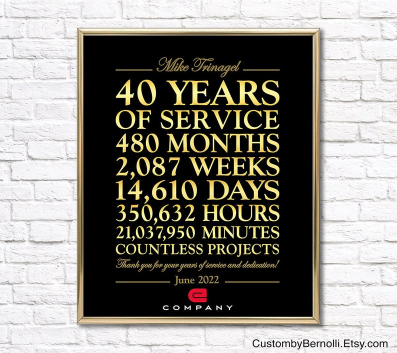 Personalized Work Anniversary Gift 40 Years or ANY YEAR | Etsy