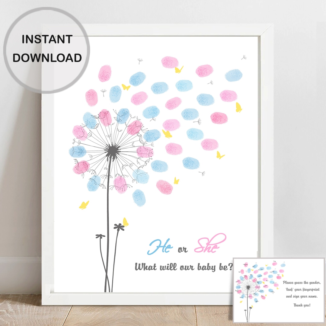 Gender Reveal Dandelion Fingerprint Guest Book, He or She Gender Guess ...