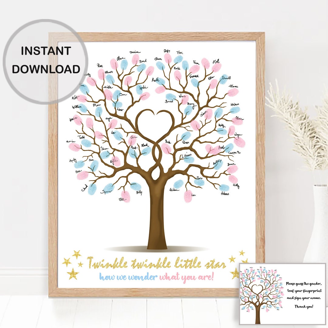 Gender Reveal Tree Twinkle Little Star Heart Fingerprint Guest Book ...
