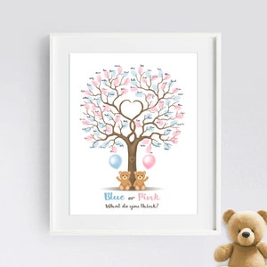 Teddy Bear Gender Reveal Tree Fingerprint Guest Book, Blue or Pink He ...