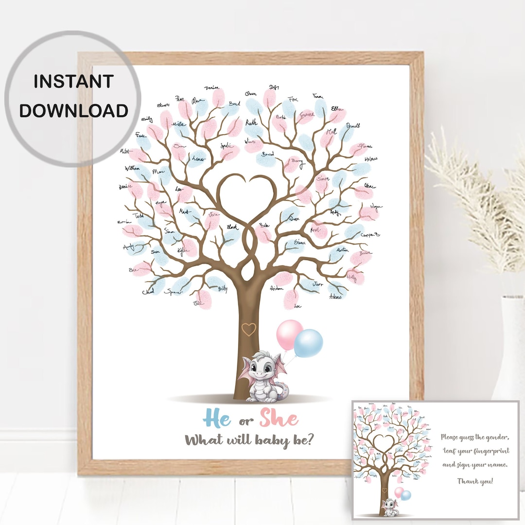 Baby Dragon Gender Reveal Tree Fingerprint Guest Book Blue or Pink He ...