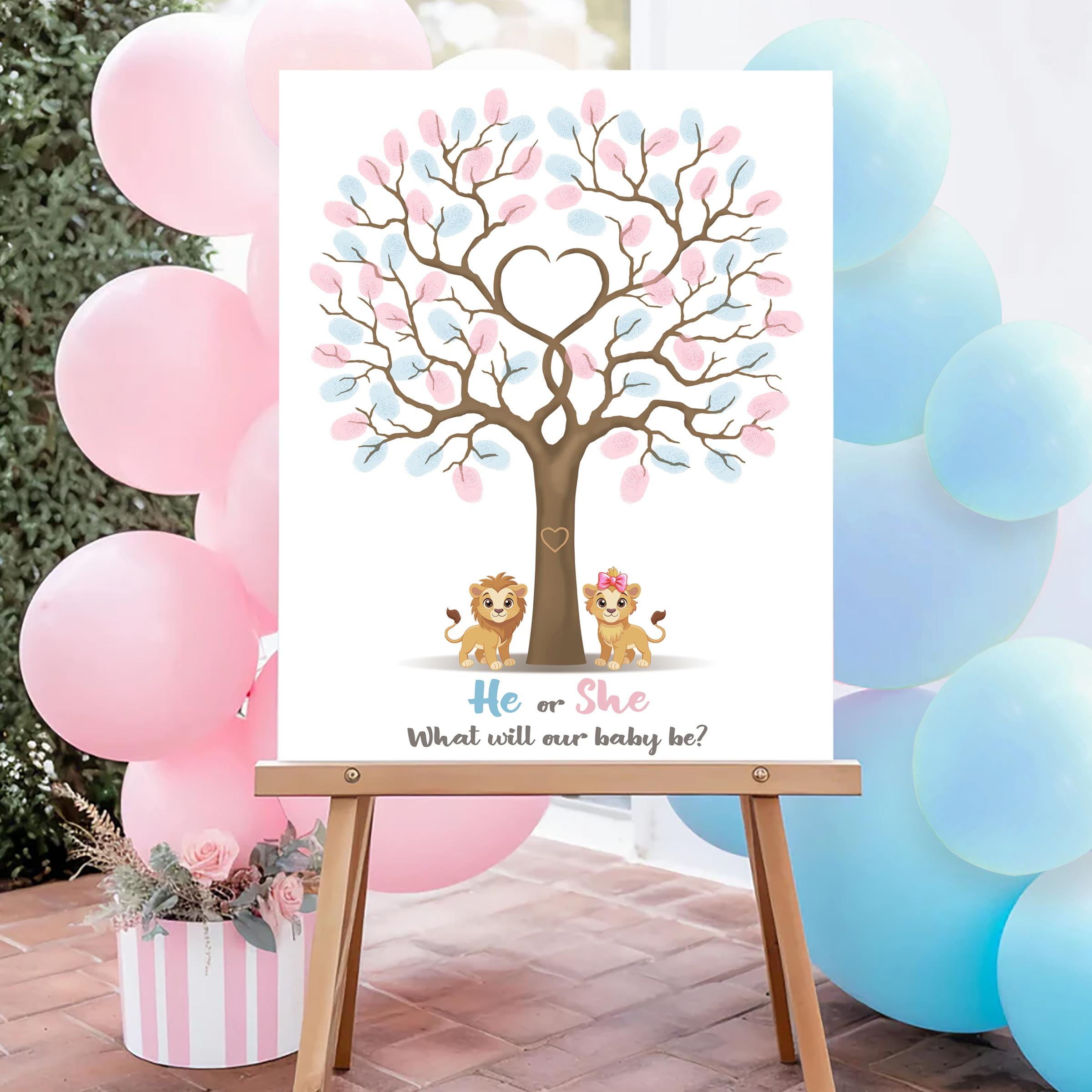 Lion Gender Reveal Fingerprint Guest Book PRINT, Blue or Pink He or She ...