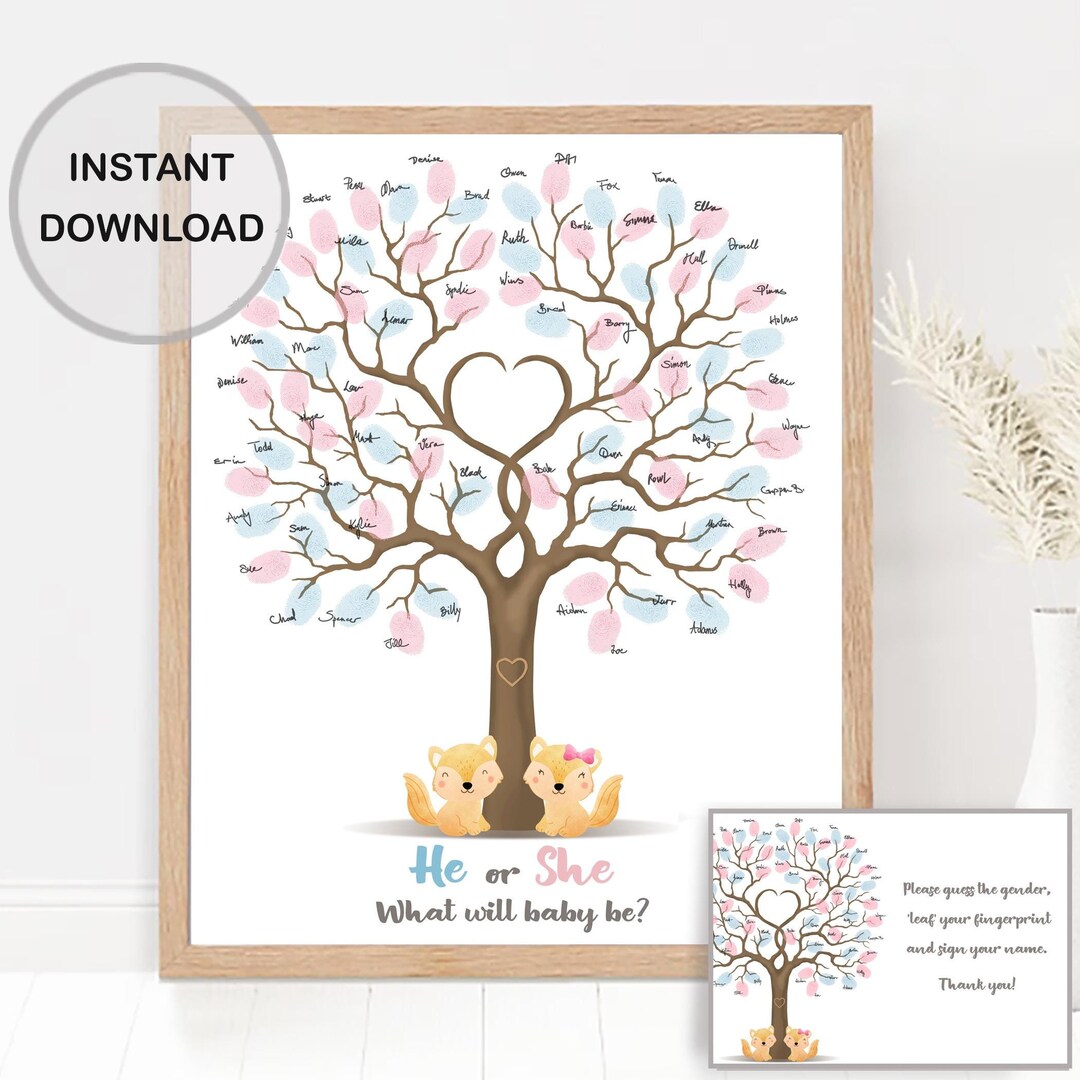 Fox Gender Reveal Tree Fingerprint Guest Book Alternative He or She ...